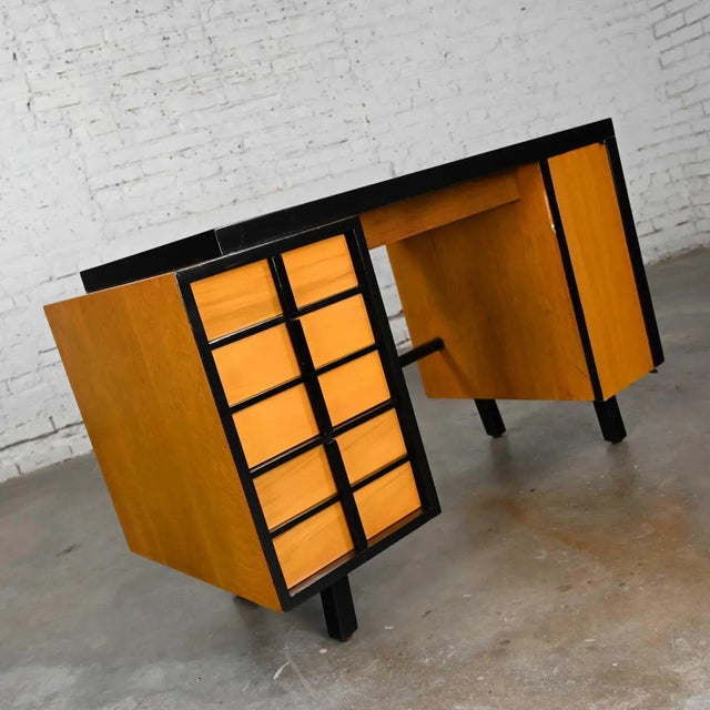 Vintage Mid Century Modern Art Deco Maple Colored Desk With Black ...