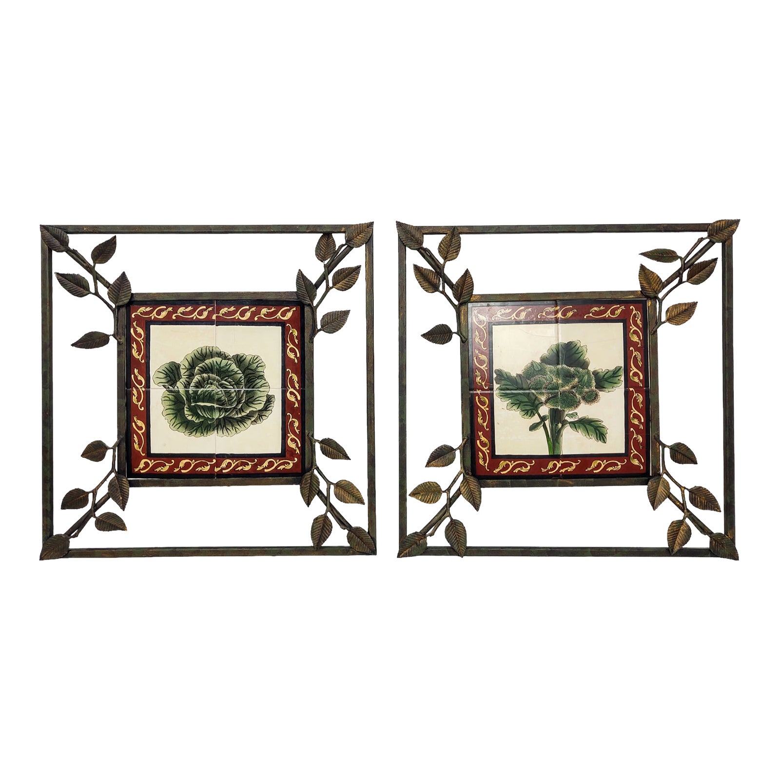 Hand Painted Ceramic Tiles in Wrought Iron Frame Wall Hanging - a Pair ...