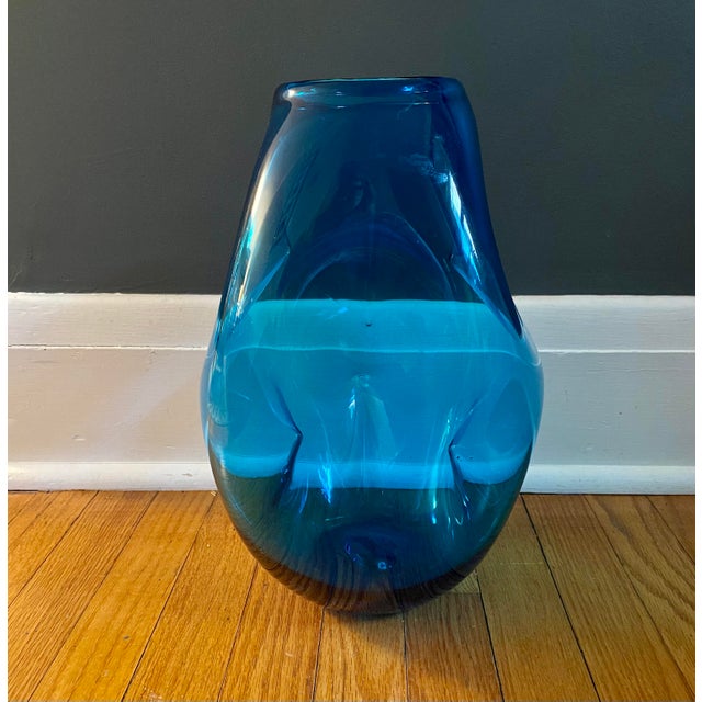 Mid-Century Modern Blenko Hand Blown Glass Dimple Vase in Blue | Chairish