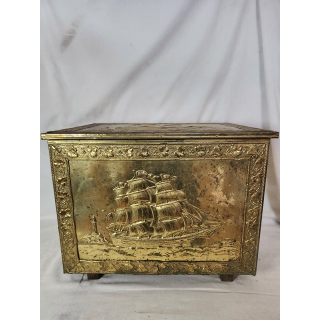 Antique Brass Embossed Nautical Ship Scene Kindling Box | Chairish