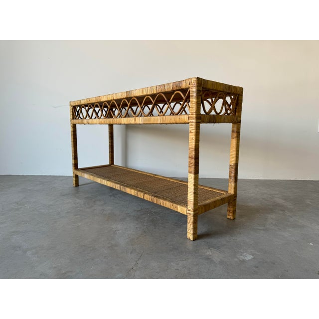 Vintage Boho Chic Coastal Woven Rattan Two - Tier Console Table | Chairish