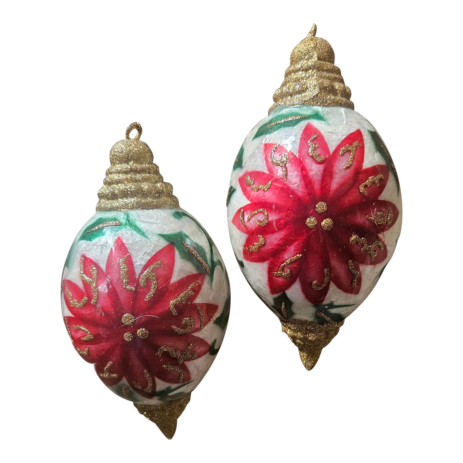 Pair of Vintage Capiz Shell Poinsettia Red Gold Christmas Ornaments ...
