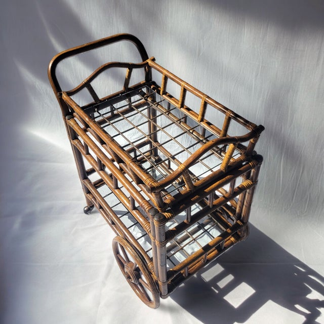 Vintage Bamboo Rattan Rolling Cart With Removable Tray | Chairish