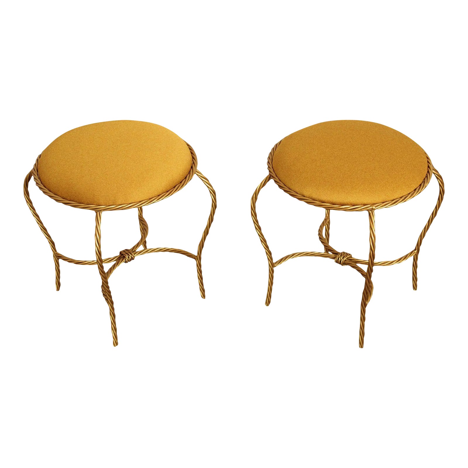 Hollywood Regency Pair of Gilt Metal Rope Twist Stools | Chairish