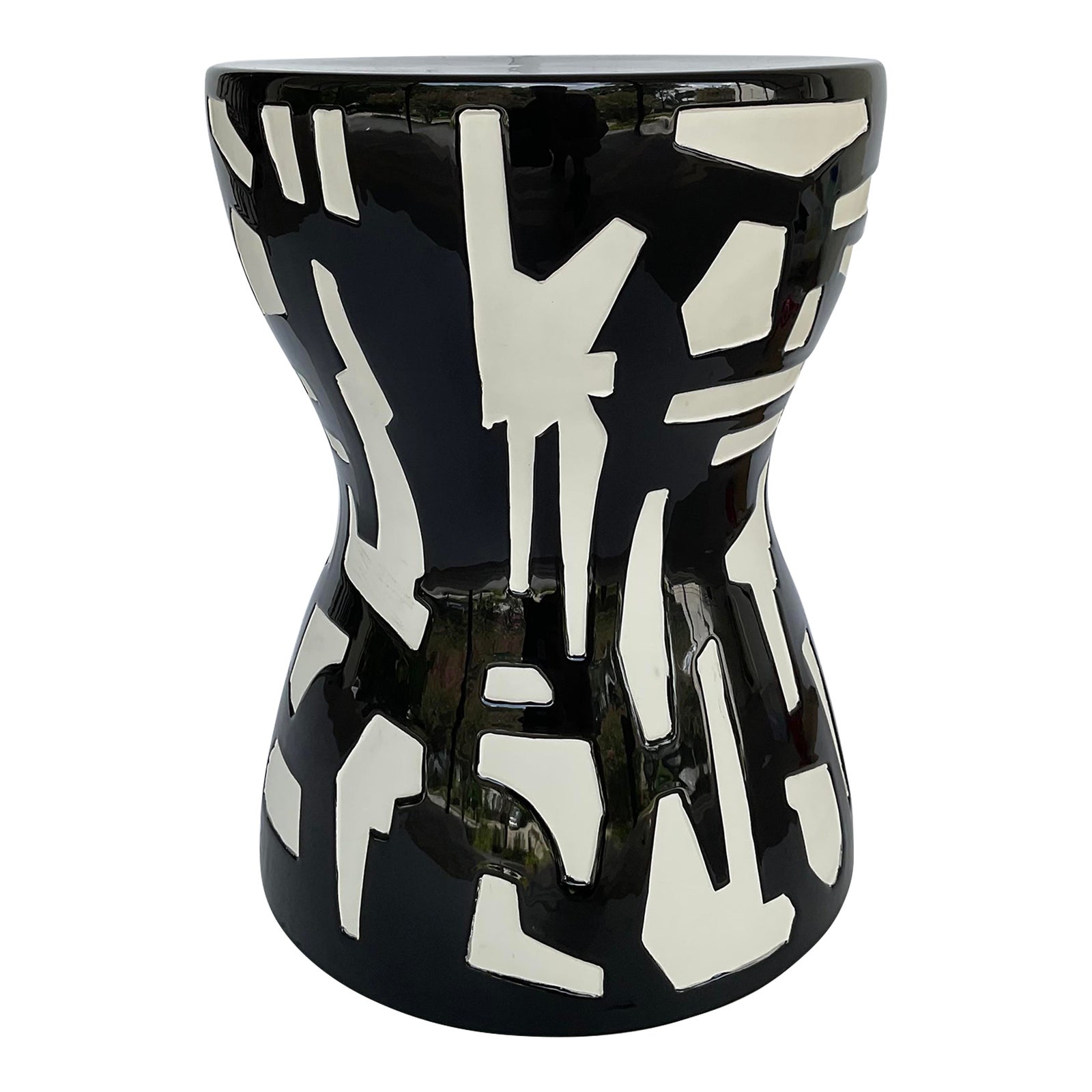 Global Views Abstract Modern Black and White Stool | Chairish