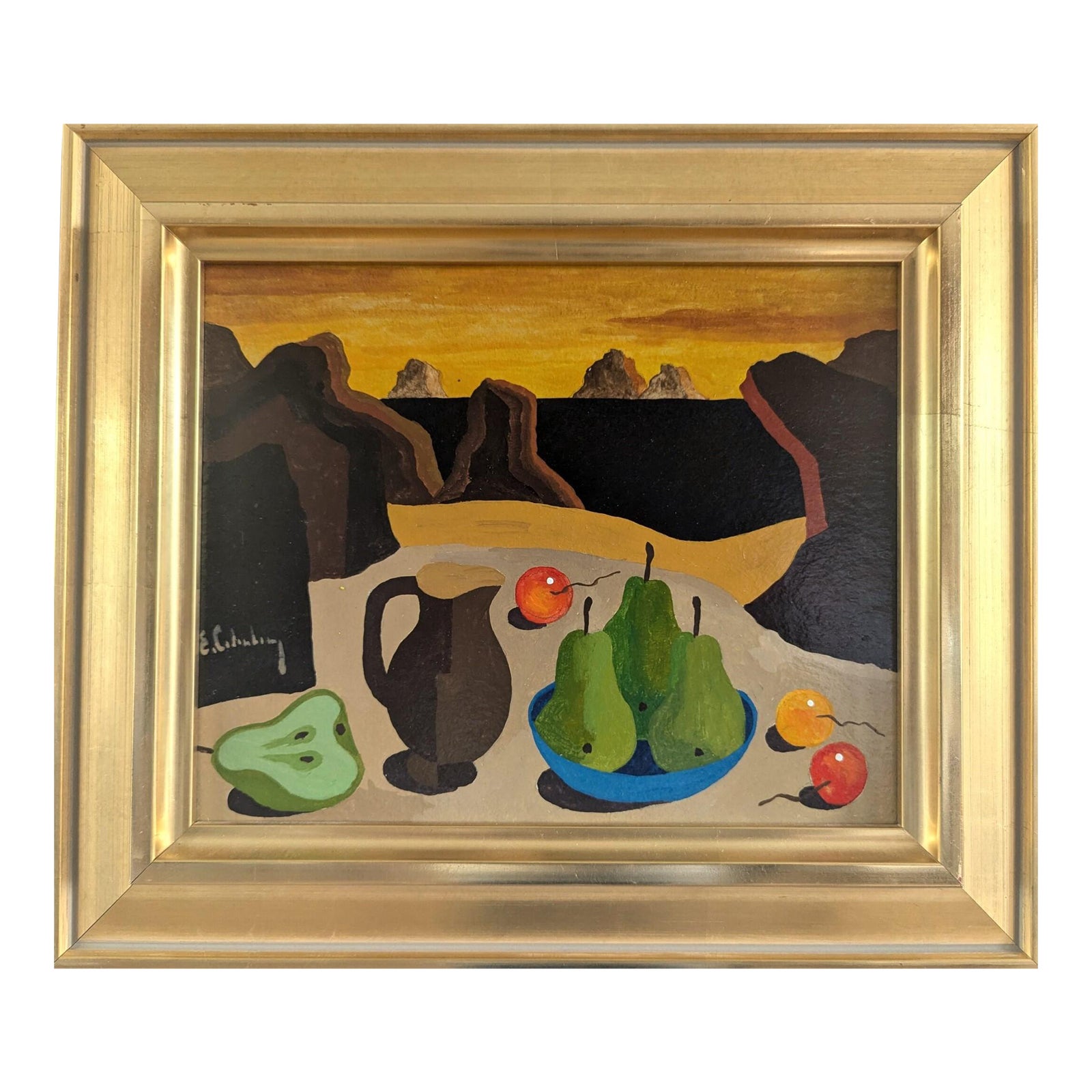 Vintage 'Surrealist Still Life' Original Still Life Landscape Tempera ...