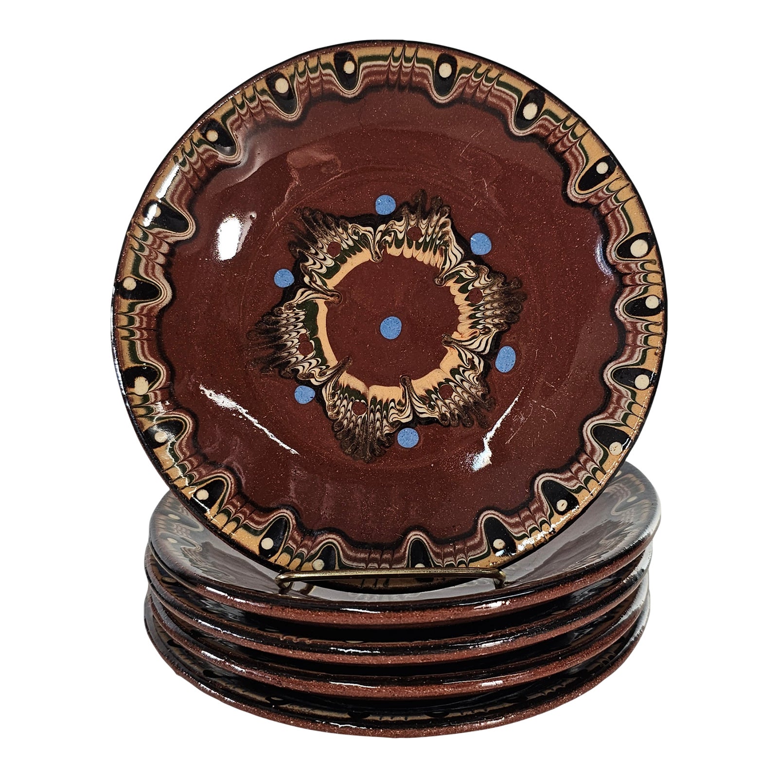 Hand Painted Bulgarian Troyan Red Feather Desert Plates Set of 5 | Chairish