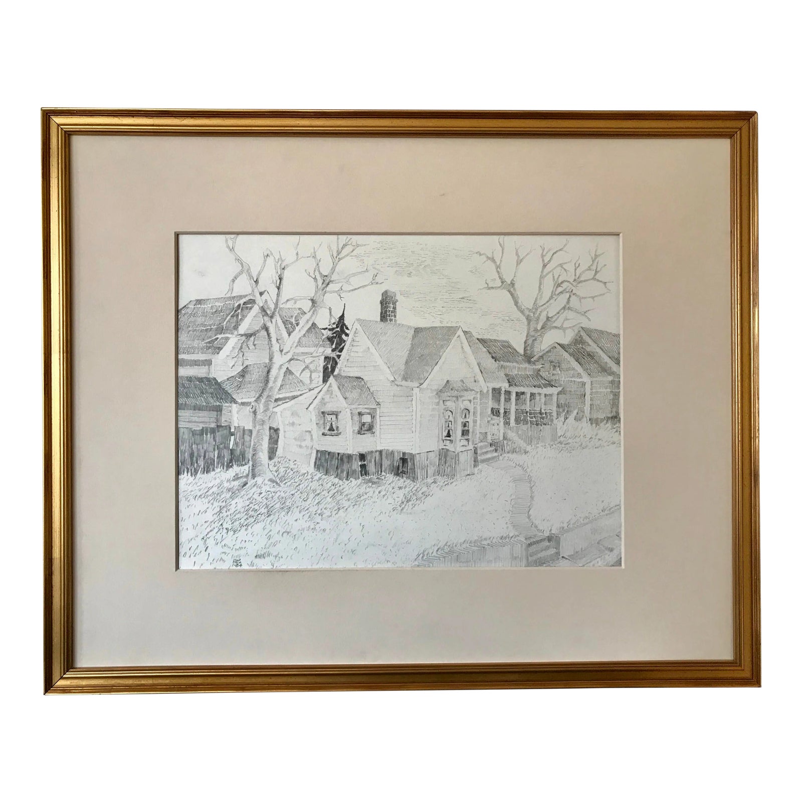 Vintage Original Drawing Village Scene by Roger Stokes | Chairish