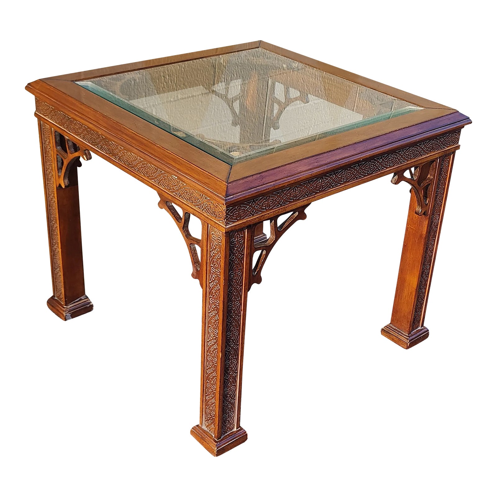 Chinese Chippendale Fruitwood Glass Inset Side Table | Chairish