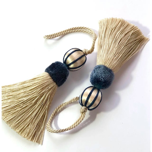 Pair of Petite Navy Blue and White Key Tassels | Chairish