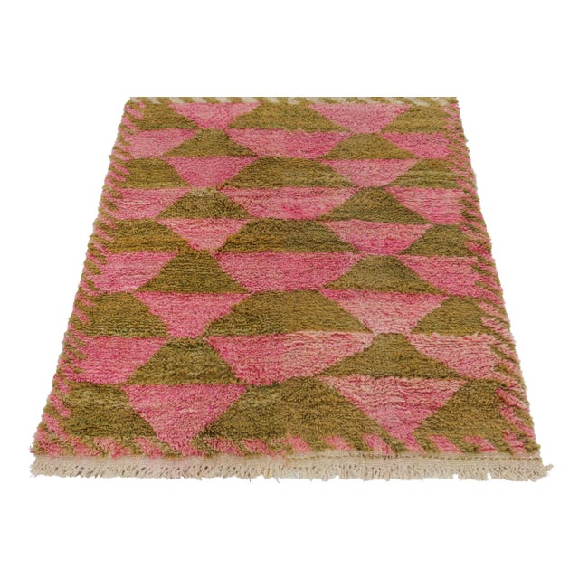 Vintage Tulu Shag Rug in Mustard & Pink Geometric Pattern | Chairish