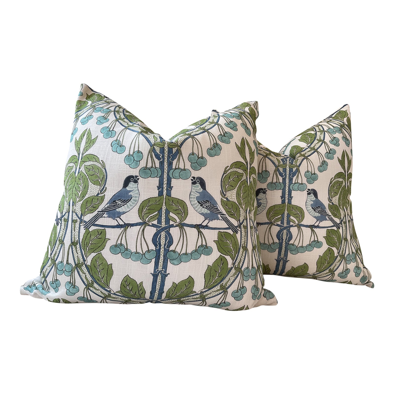 Gp and J Baker “Birds and Cherries” in Blue and Green Down Filled Pillows- a Pair | Chairish