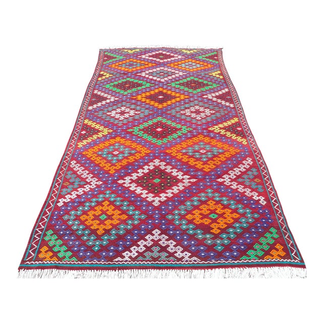 Mid 20th Century 60s Bright Colors Turkish Embroidered Boho Kilim Area ...