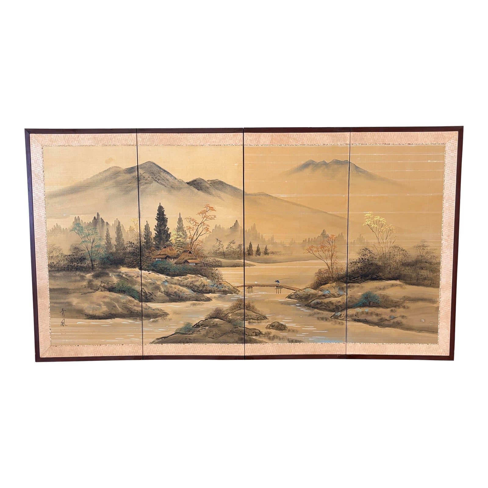 Vintage Japanese Byobu Four Panel Silk Screen Painting - Mountain ...