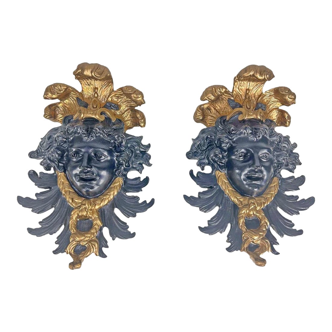 Pair of Black & Gold Composition Faces Plaques | Chairish