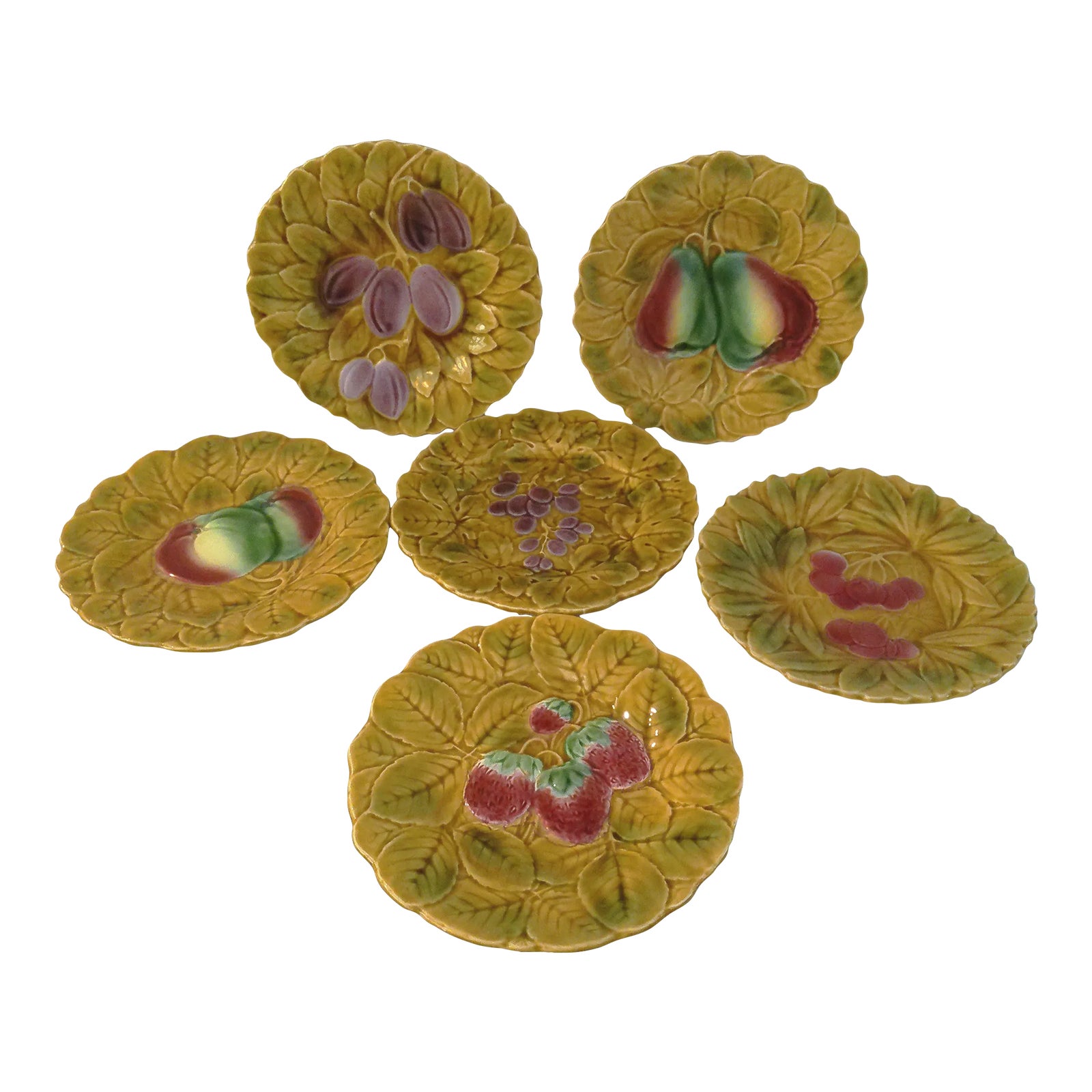 1920s French Sarreguemines Pottery Fruit & Leaf Embossed Plates, Set of ...