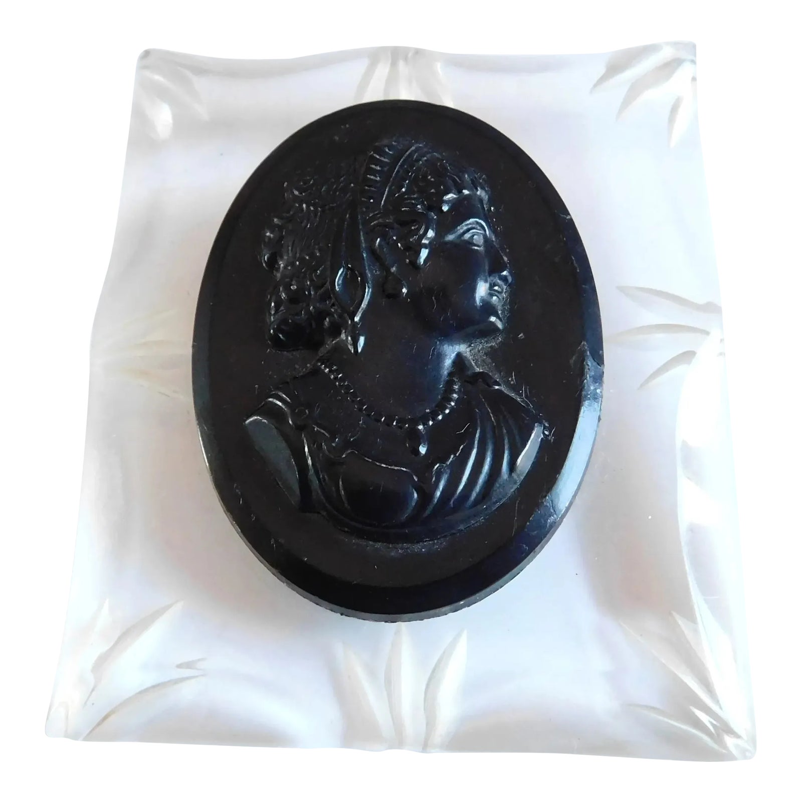 1920's Ebony and Clear Bakelite Profile Woman Cameo Brooch Pin | Chairish