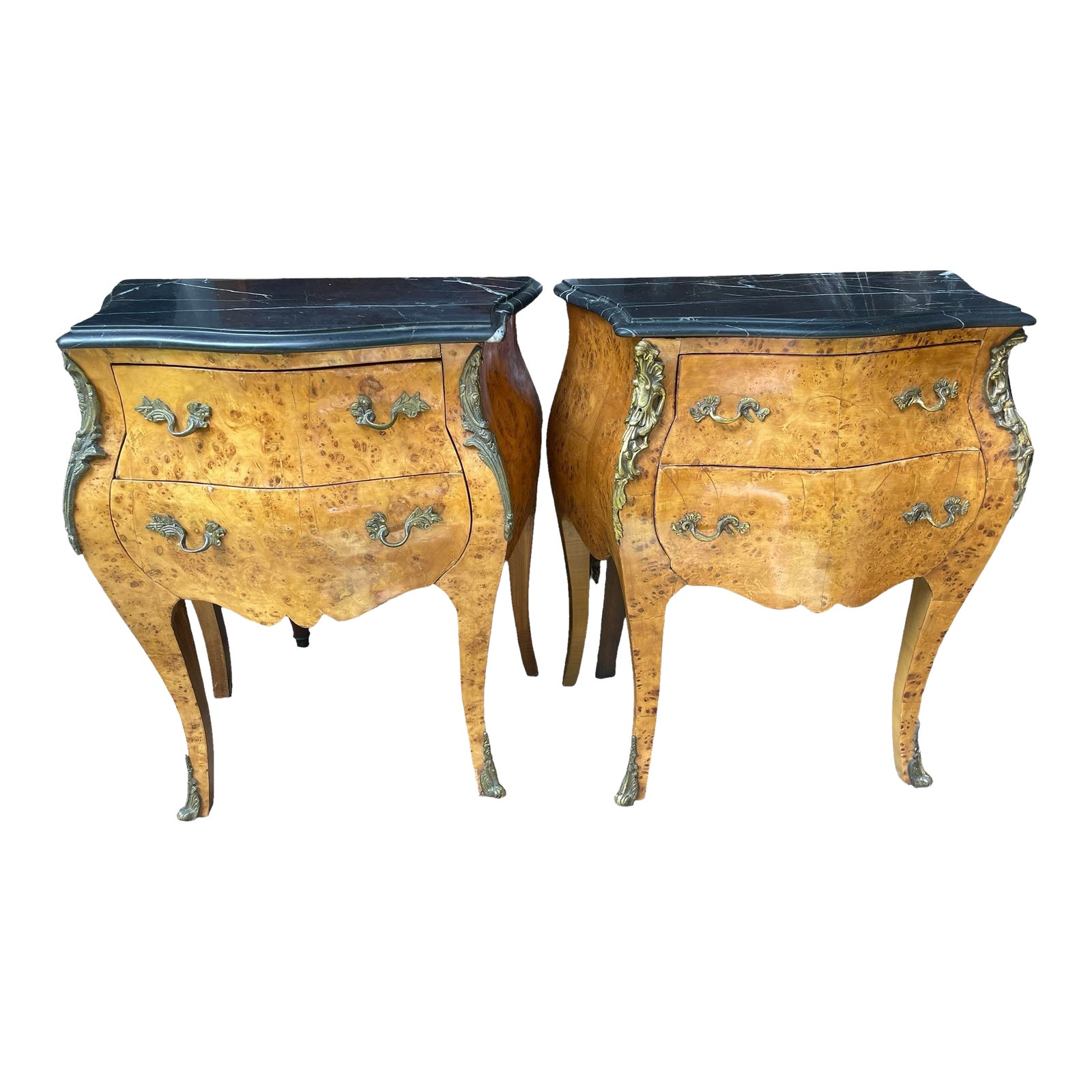 Pair Antique French Bombe Commode Chests Burlwood Black Marble-Top Brass Ormulu Louis XV Style ...