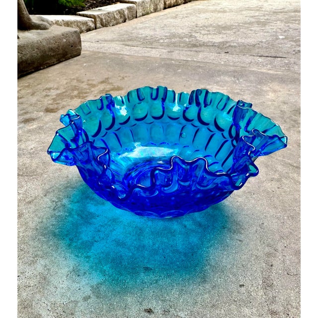 1970s Fenton Glass Colonial Blue Thumb Print Double Crimp Bonbon Bowl ...