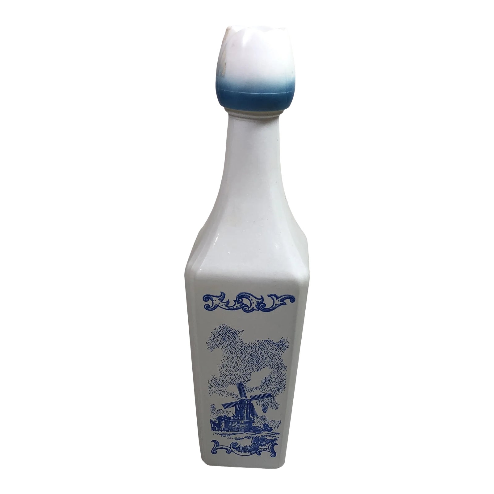 Vintage Vandermint White Milk Glass Blue Windmill Liquor Bottle W Tulip ...