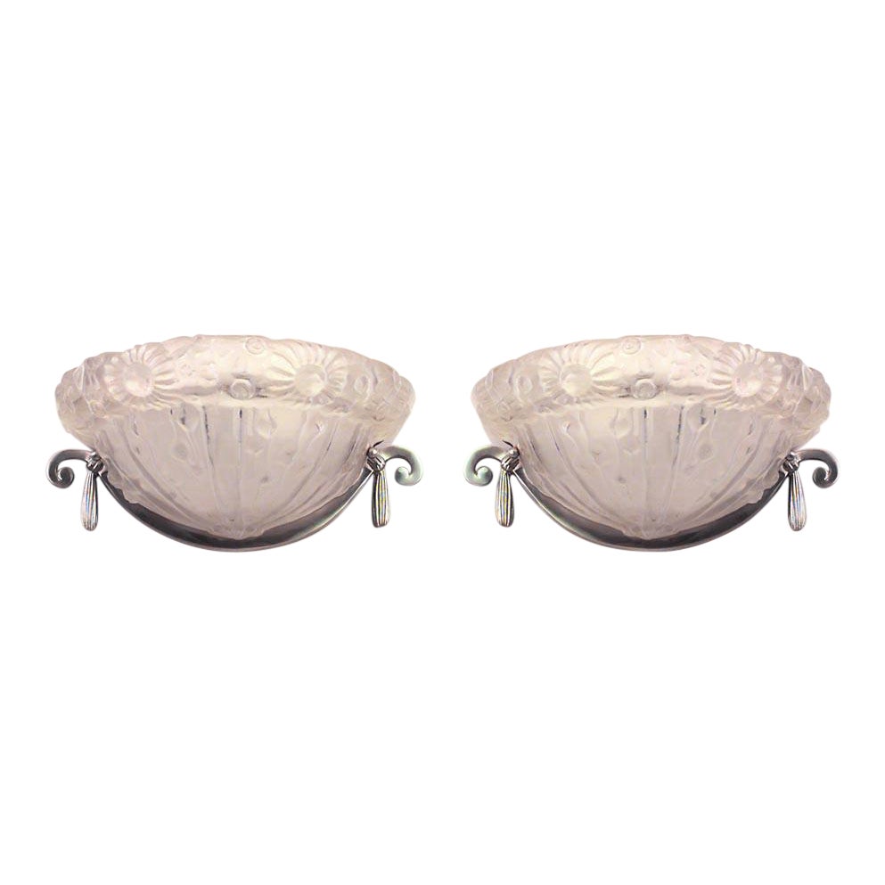 French Art Deco Molded Glass Half Round Wall Sconces- a Pair | Chairish