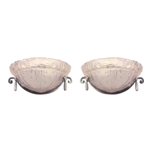 French Art Deco Molded Glass Half Round Wall Sconces- a Pair | Chairish