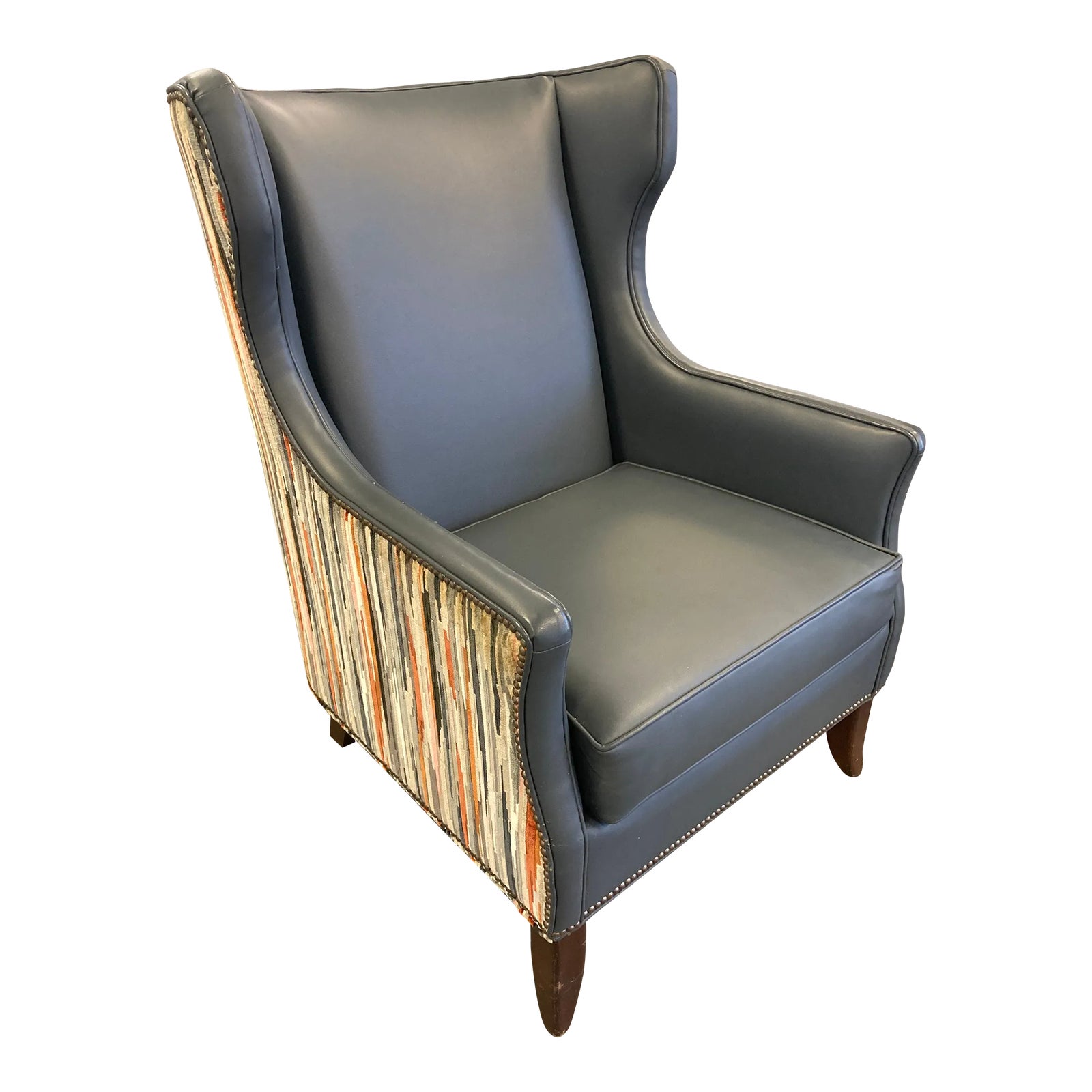 Fairfield Custom High Barrel Back Armchair in Blue Leather and Striped ...