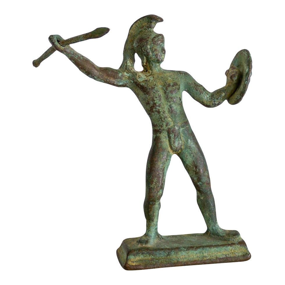 Iron and Verdigris Greek Warrior Figurine With Attic Helmet Spear and ...