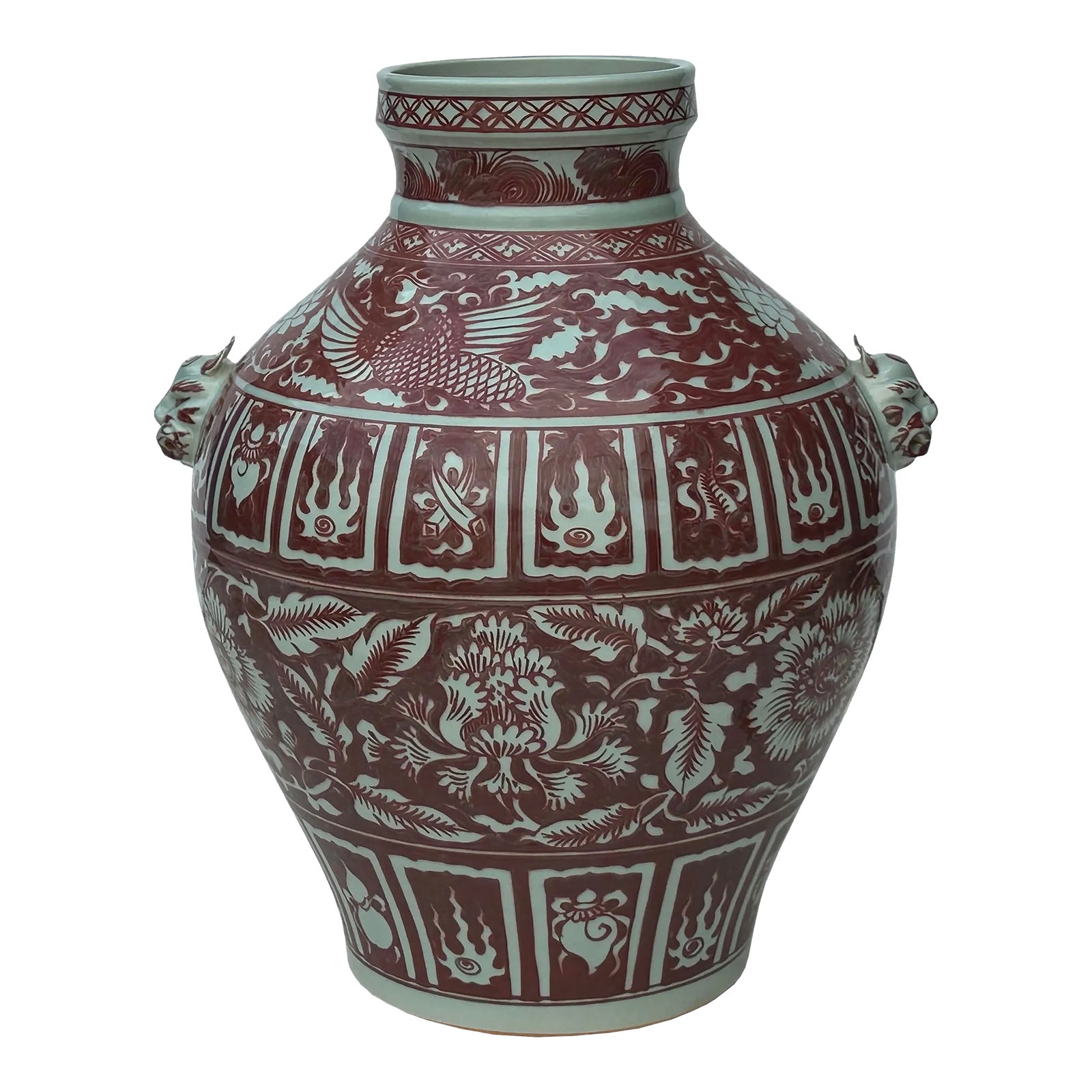 Vintage Copper Red Phoenix Flower Graphic Foo Dog Ear Ceramic Fat Pot ...