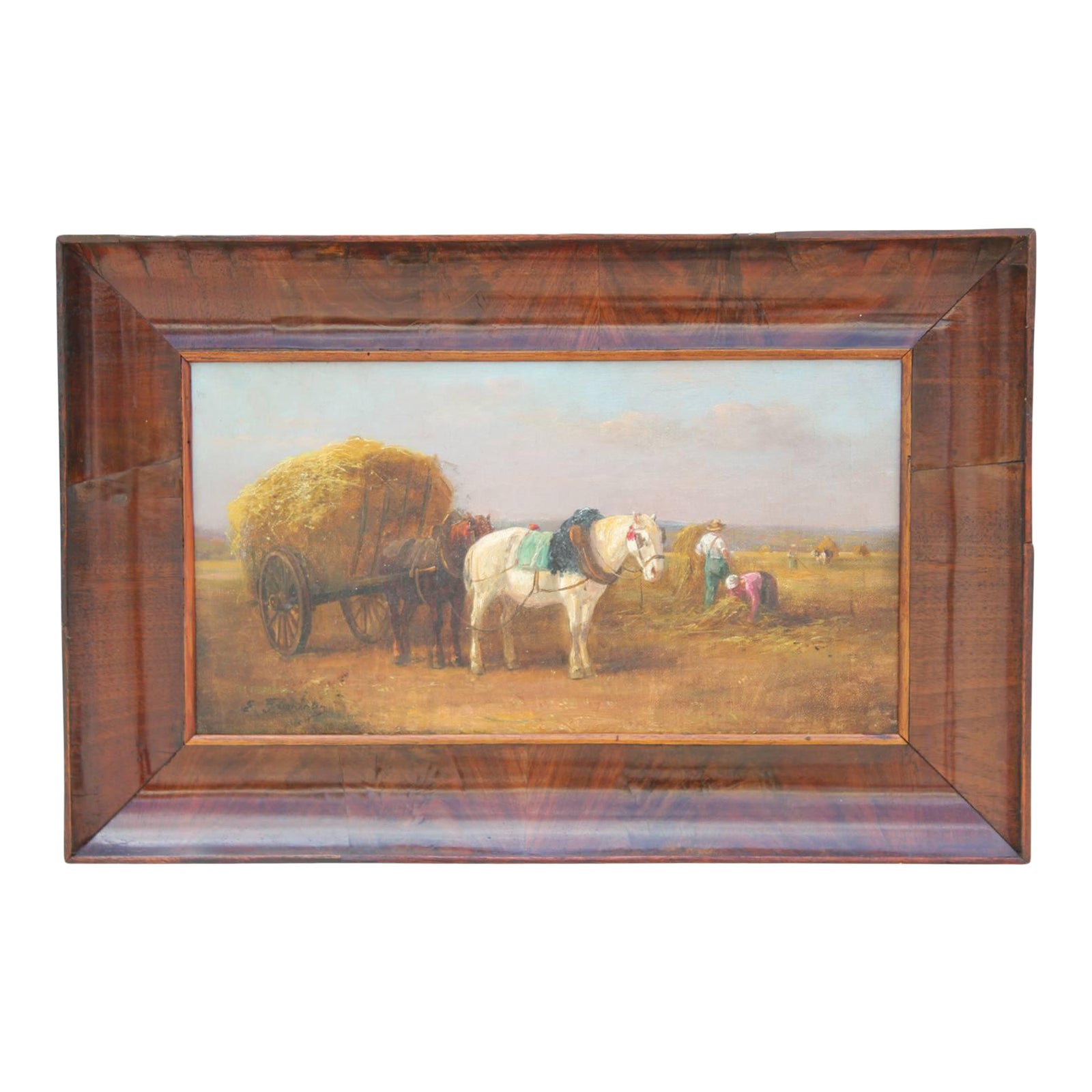 Mid 19th Century Realism Hay Farm Scene with Landscape | Chairish