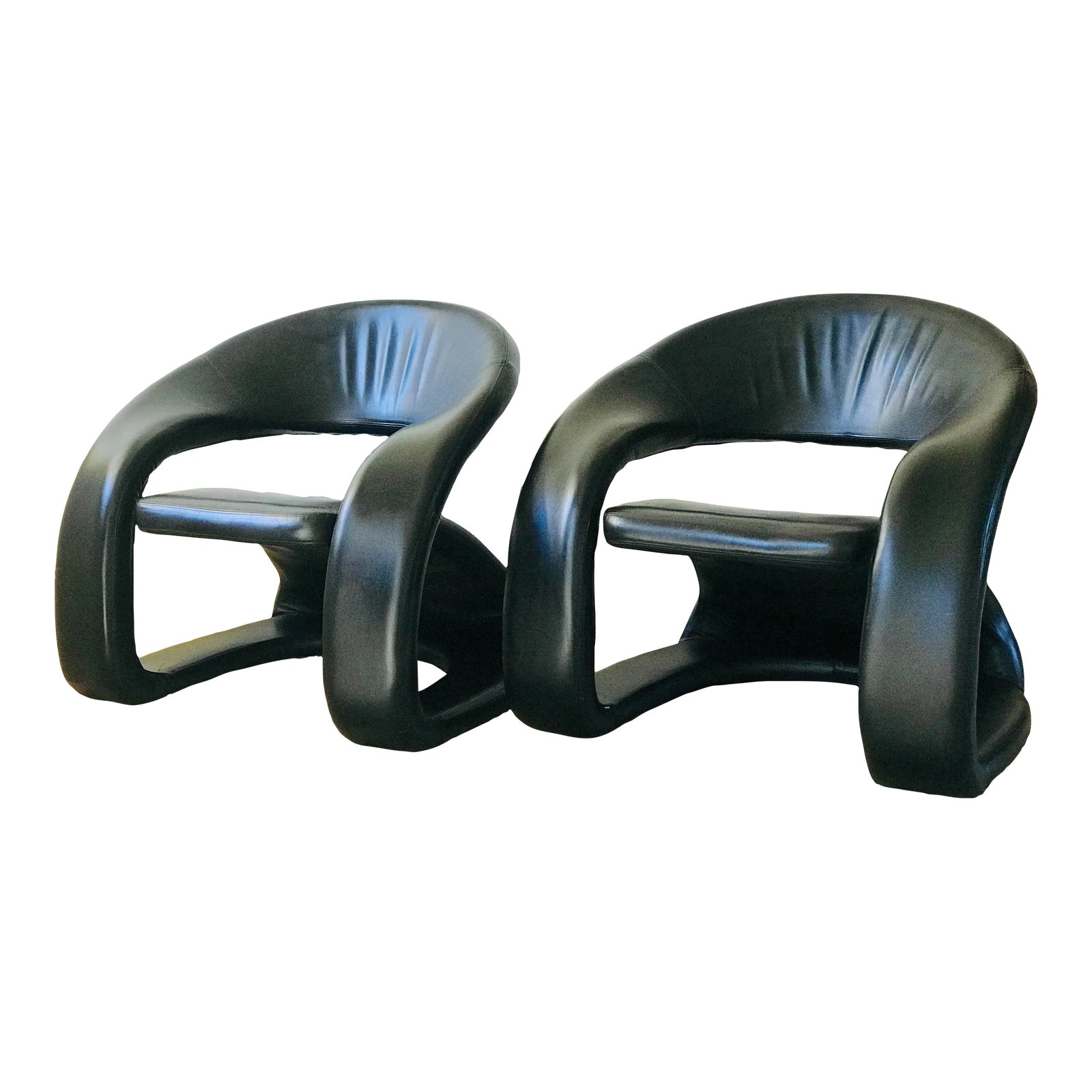 1990s Postmodern Black Leather Lounge Chairs - a Pair | Chairish