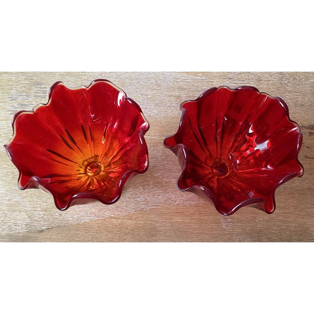 Mid Century Modern Pair of Red Amberina Glass Centerpiece Compote Bowl ...