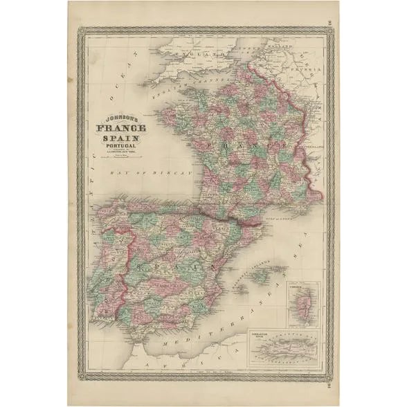 Antique Map of France, Spain and Portugal by Johnson, 1872 | Chairish