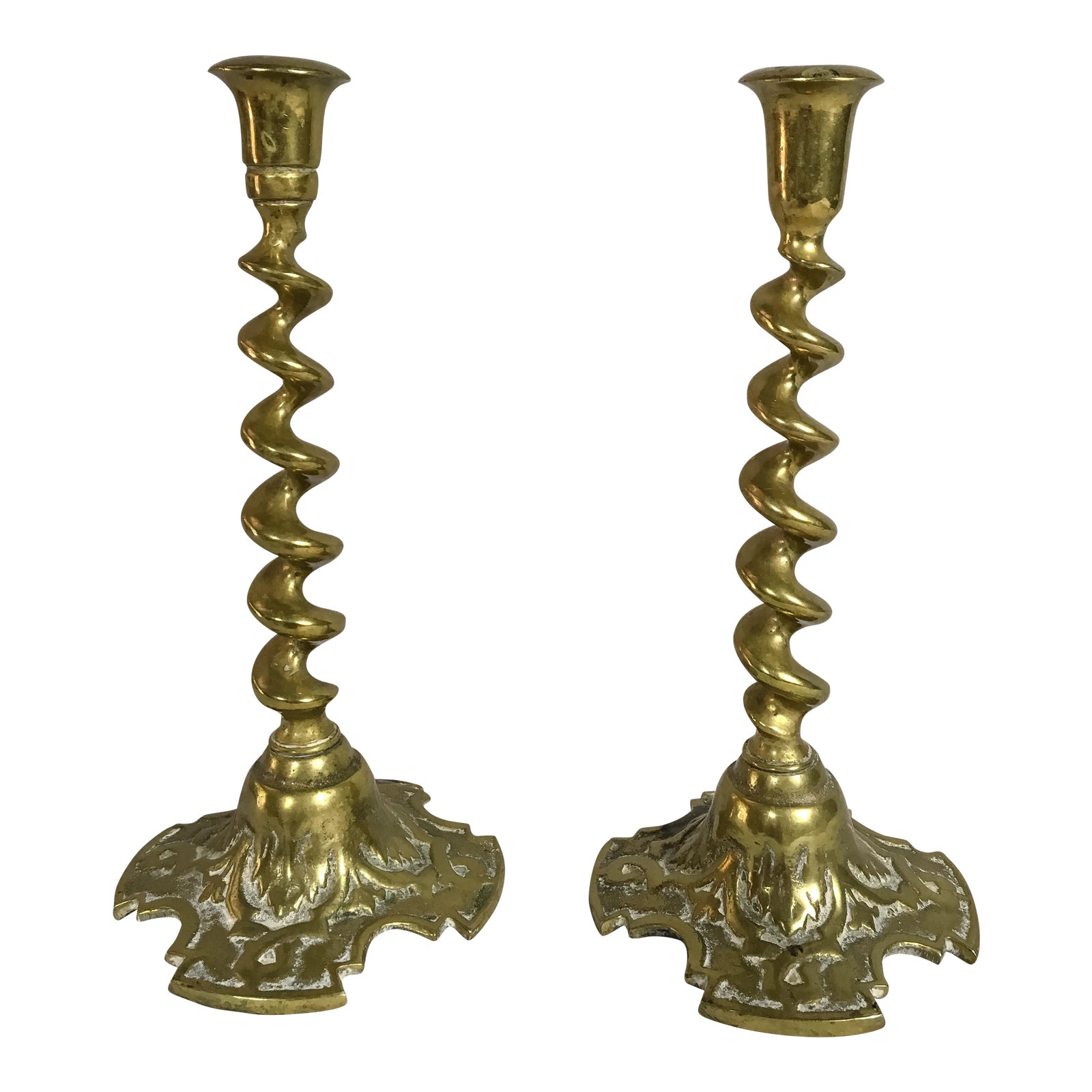 English Brass Twisted Candlesticks - a Pair | Chairish