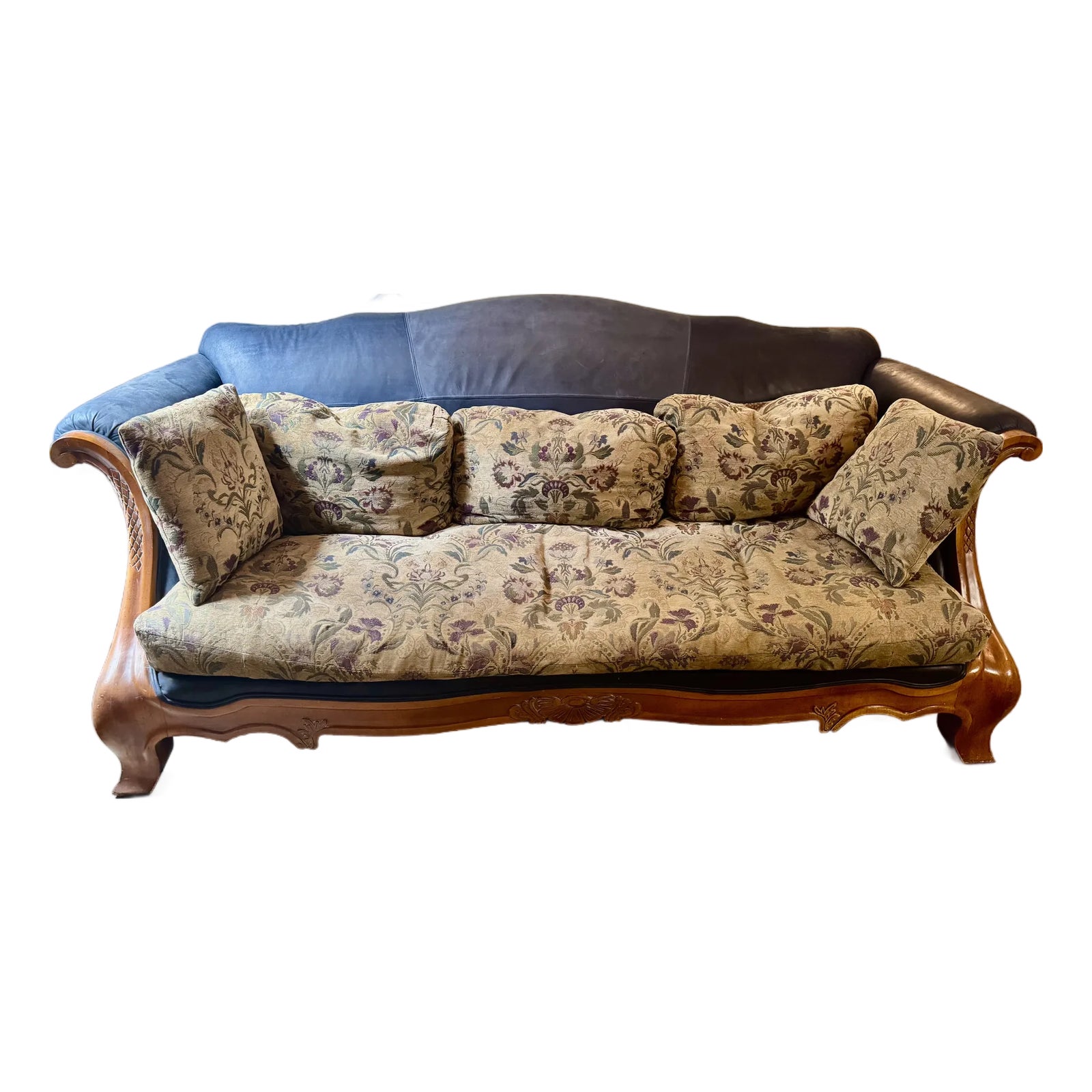 Vintage Blue Suede Sofa With Hand Carved Frame | Chairish