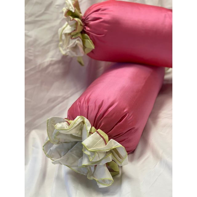 2000s Pair of Pink Silk Bolster Pillows | Chairish