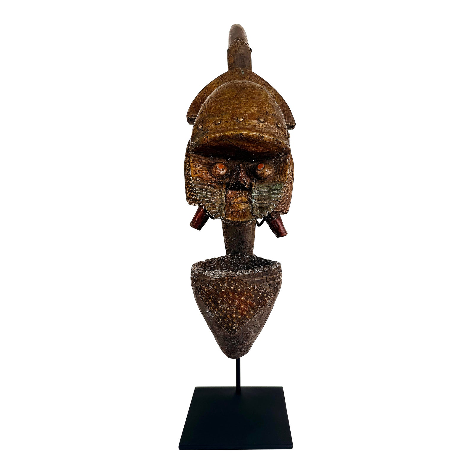 African Kota People, Gabon Carved, Metal Reliquary Pipe on Stand, 20th ...