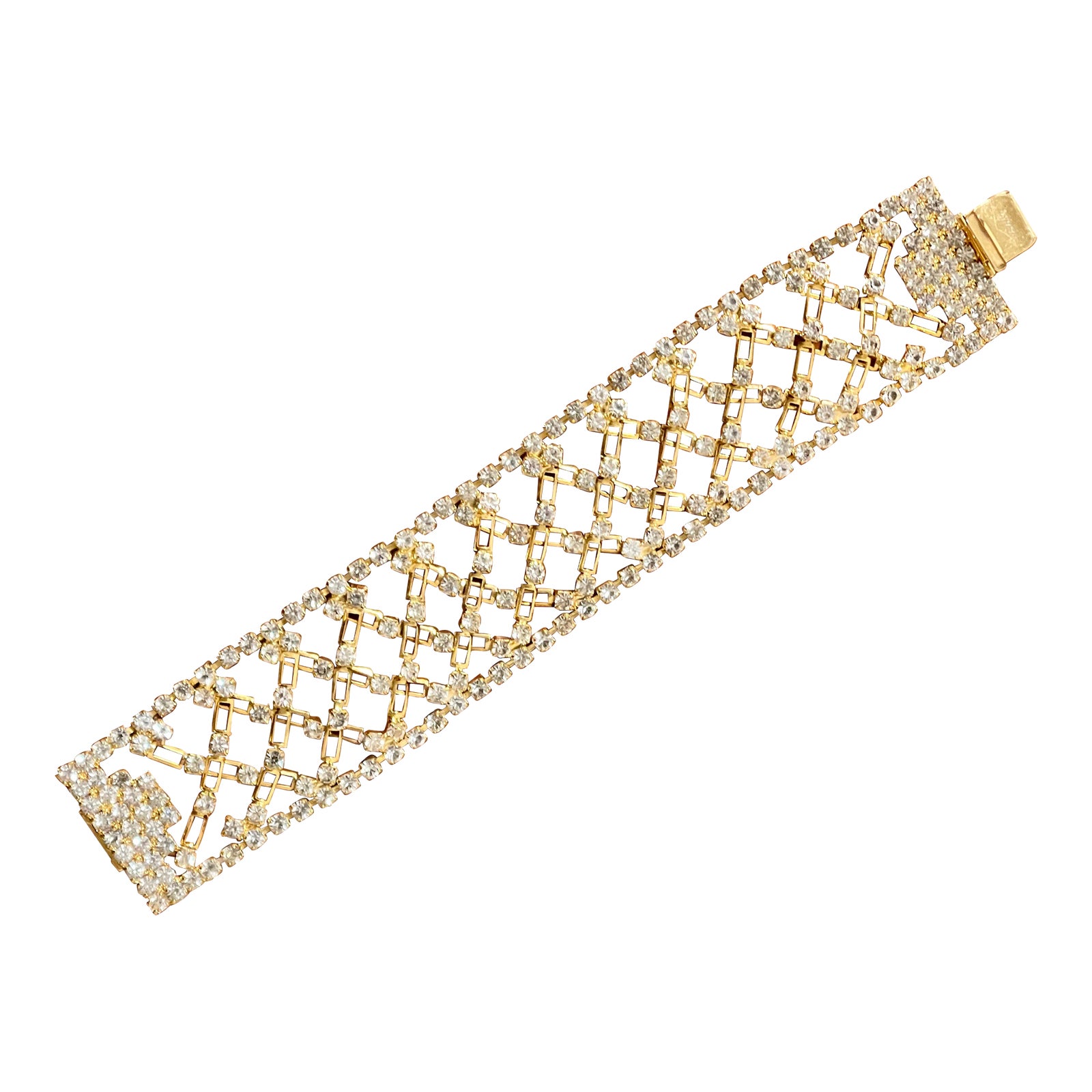 1980s Sparkly Art Deco Style Crosshatch Crystal Gold Bracelet | Chairish