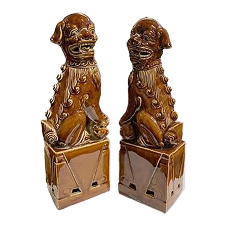 1980s Chinese Brown Ceramic Fu Dogs - a Pair | Chairish