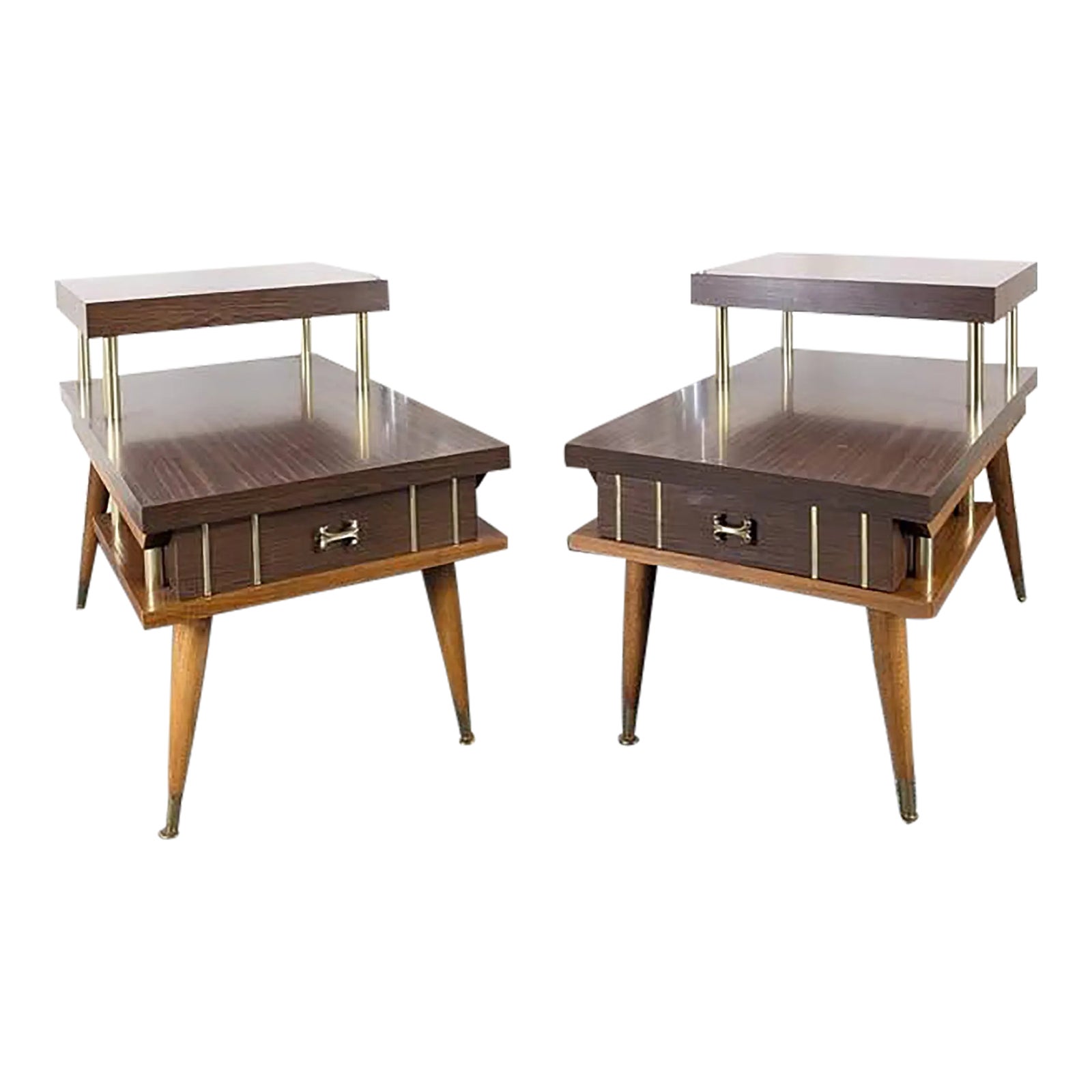 1960s Pair of 2 Tiered Atomic Laminate, Wood & Brass End Tables | Chairish