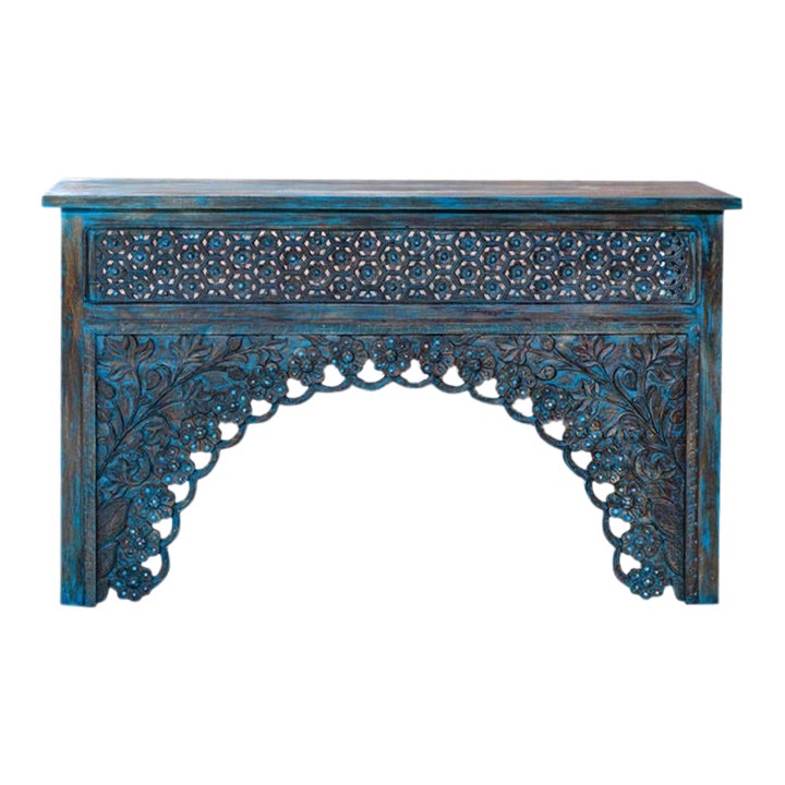 Rustic Console Blue Sofa Arch Table With Brass Studs | Chairish