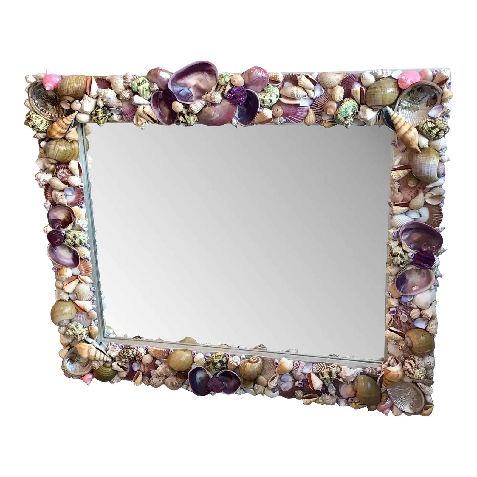 Rectangular Seashell Mirror in Shades of Pink, Purple & Tan | Chairish