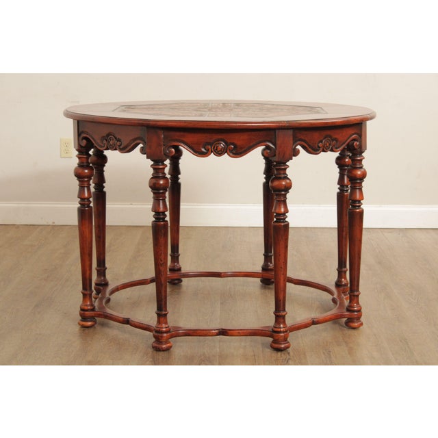 English Style Tooled Leather Round Mahogany Center Table | Chairish