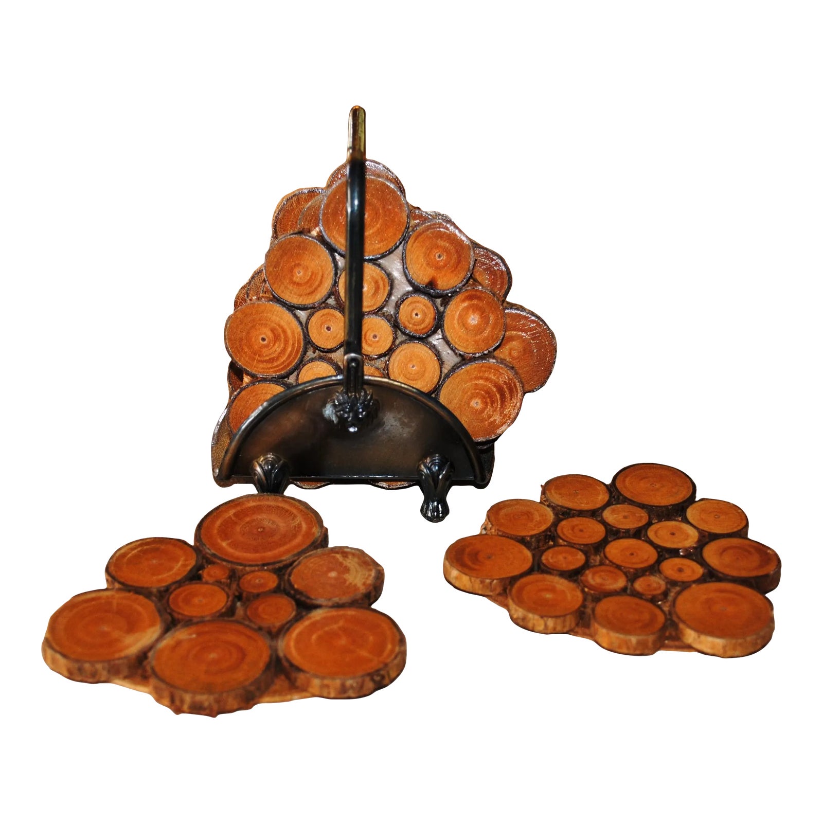 Mid-Century Wood Coasters With Caddy Fireplace Motif - Set of 7 | Chairish