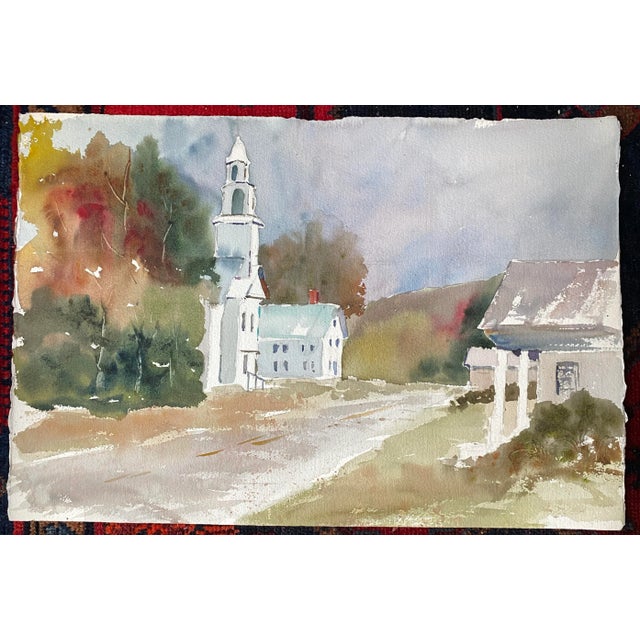 1980s Martha Stiles New England Church in Autumn Watercolor | Chairish