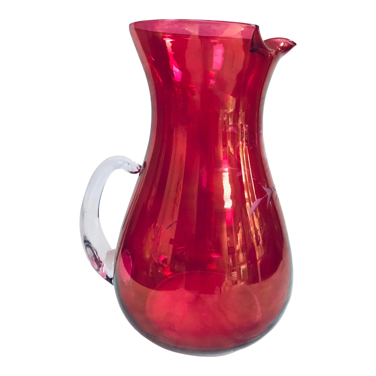 Vintage Cranberry Etched Glass Pitcher Carafe | Chairish