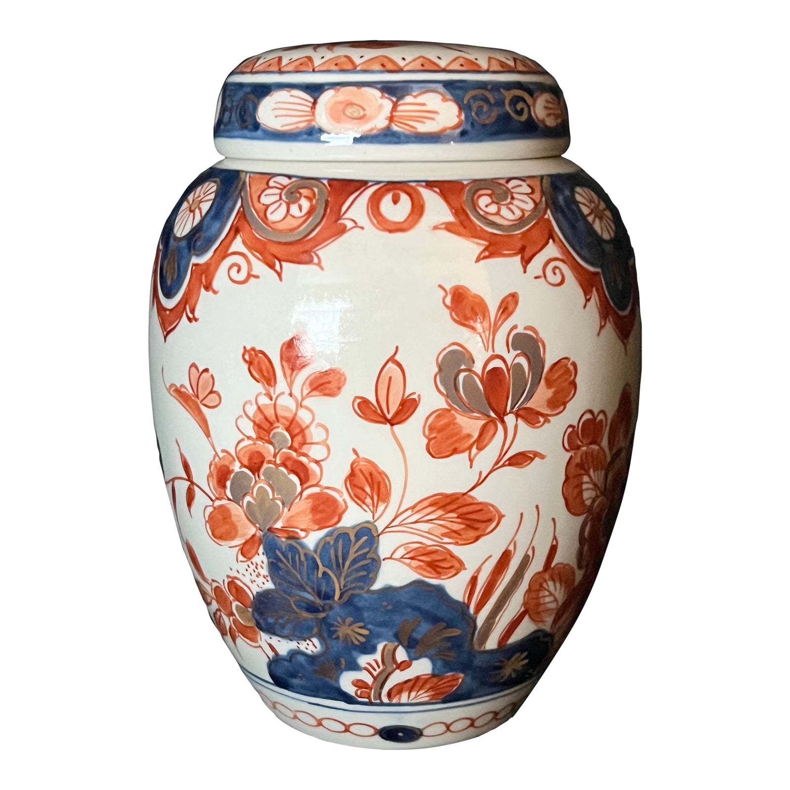 1980s Royal Delft Round Covered Jar in Pijnacker Imari Style | Chairish