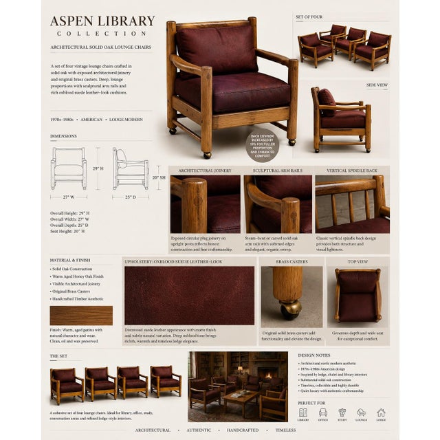 Vintage Architectural Solid Oak Lodge Lounge Chairs With Brass Casters ...
