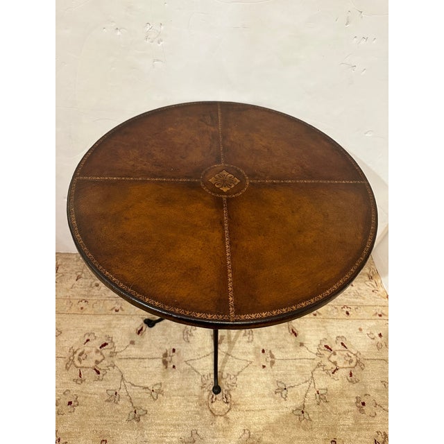 Tooled Leather and Iron Round Side Table | Chairish