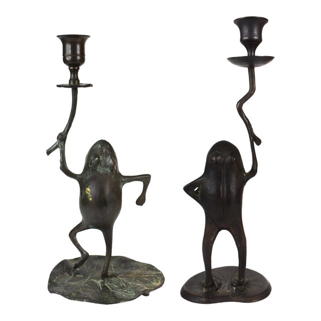 Vintage Bronze Brass Standing Frog Lilli Pad Single Candle Holder ...